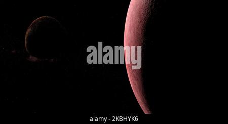 50000 Quaoar, dwarf planet, orbiting together Neptune planet. 3d render ...