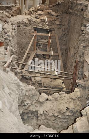 The excavation of the village of Akrotiri destroyed by a volcanic ...