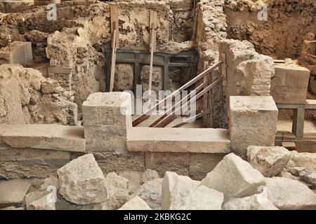 The excavation of the village of Akrotiri destroyed by a volcanic ...