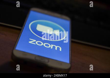 The Zoom logo is seen at the American videoconferencing technology ...
