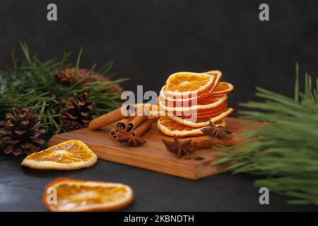 Composition of dry oranges, cinnamon sticks and star anise. Christmas ...