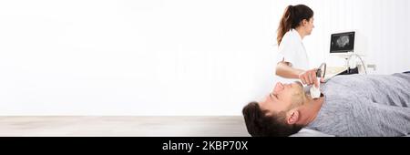 Doctor Checking Thyroid Neck With Ultrasound. Ultrasonography Machine ...