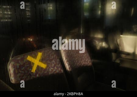 'X' marks for social distancing are seen inside the bus in the morning ...