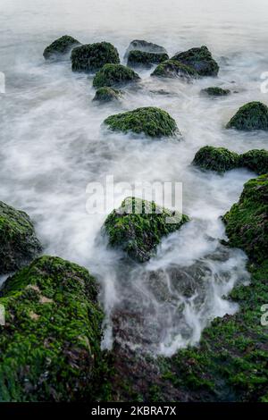 Rocky shore with stones sinking in the sea water. Sunset, orange light ...