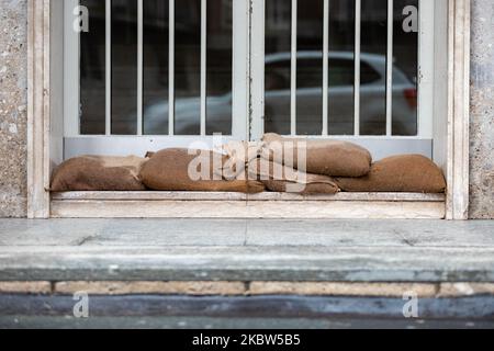 Bags for stopping high water during storm and flooding of the Seveso ...