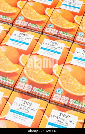 Tesco orange juice cartons & labelling: showing sugar / carbohydrate ...