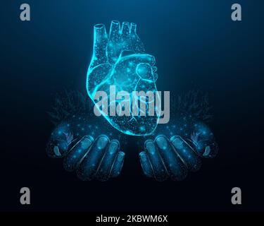 Futuristic glowing low polygonal heart with green leaves inside ...