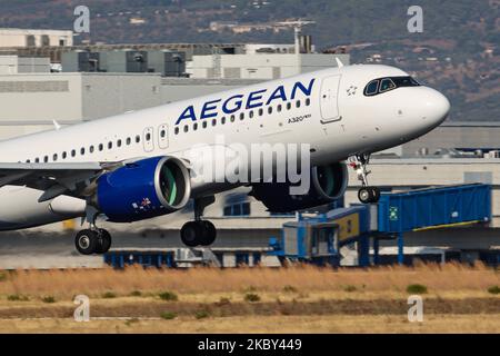 An Aegean Airlines Airbus A320neo aircraft as seen during take-off ...