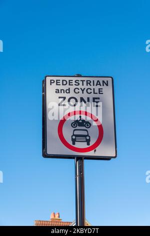 Signs marking a pedestrian and cycle zone with no cars or traffic in ...
