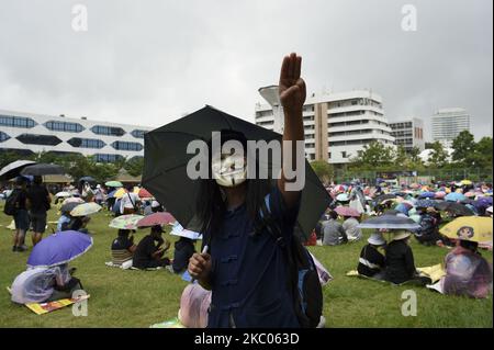 An anti-government protester holds up a three-finger salute at a pro ...
