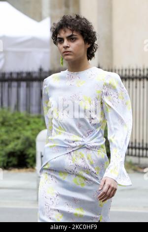 A model walks the runway at the Marco Rambaldi fashion show during the ...