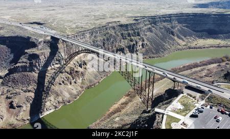 An aerial view of the Perrine Memorial Bridge over the Snake River ...