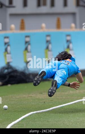 Sarah Coyte of the Strikers tries to catch and save boundary during the ...