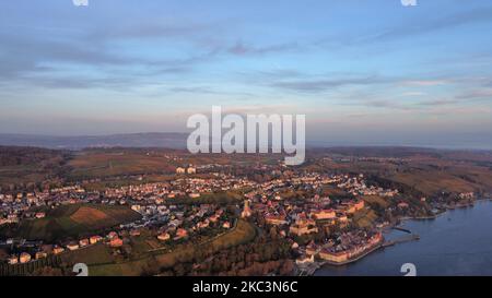 An aerial shot of the Meersburg city panorama and coast in Germany ...