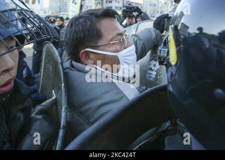 South Korean farmer protester arrest to riot police during an rice ...