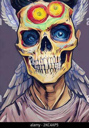 The abstract, colorful paintings of angel skulls, portrait, vertical ...