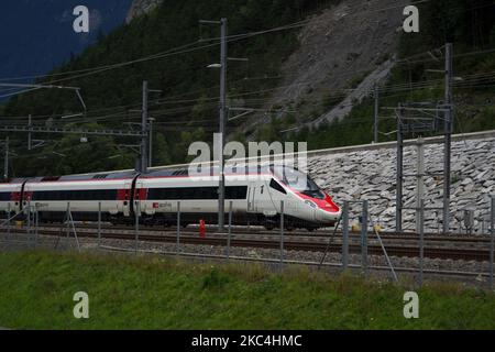 A panoramic view of an SBB RABe 523 train at the Gotthard base tunnel ...