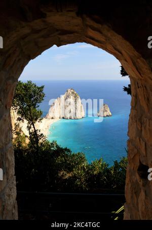 A vertical shot of the Zakynthos island with clear blue Ionian Sea on a ...