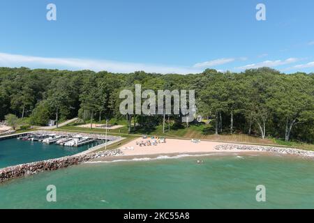 An aerial view of the Omena beach in Michigan, Traverse City Stock ...
