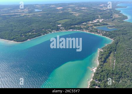 An aerial view of the Omena Bay in Traverse City, Michigan Stock Photo ...