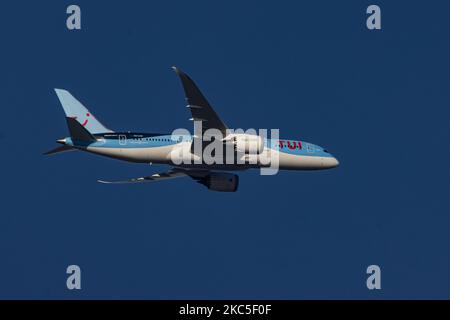 TUI Airlines Belgium Boeing 787 Dreamliner aircraft as seen flying in ...