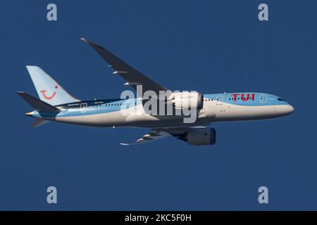 TUI Airlines Belgium Boeing 787 Dreamliner aircraft as seen flying in ...