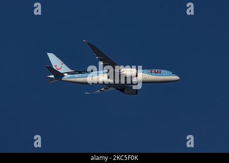TUI Airlines Belgium Boeing 787 Dreamliner aircraft as seen flying in ...