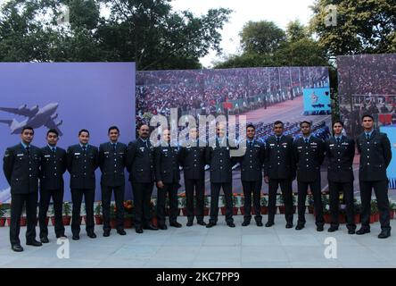 Indian Air Force (IAF) Akash Ganga team perform sky diving depicting ...