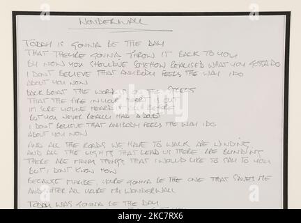 Undated handout photo issued by Propstore of the lyrics for Wonderwall ...