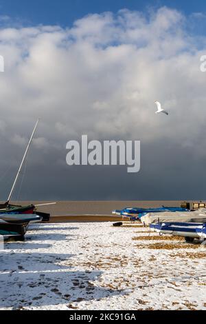 A sunny winter day amid wind and snow in the South-East England coast ...
