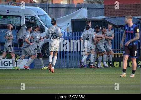 Burton Albion players celebrate their opening goal during the Sky Bet ...