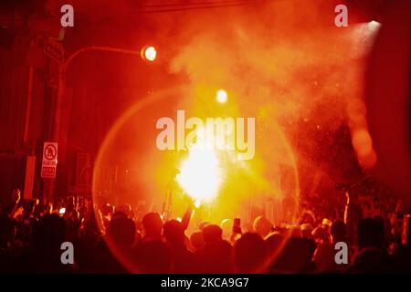 The night parade of the Tudigong, a tutelary deity, people let off ...