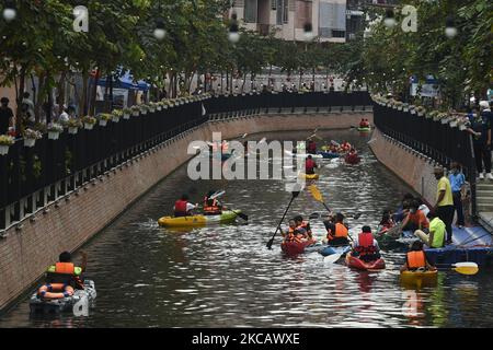 People go kayaking at Khlong Ong Ang. The historical canal in central ...