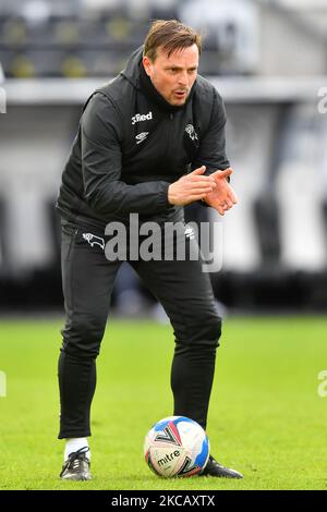Derby County coach Justin Walker (centre) during the Sky Bet ...