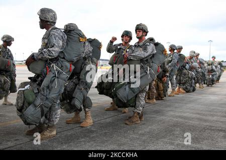 US 82nd Airborne Division soldiers walking during the Invasion of ...