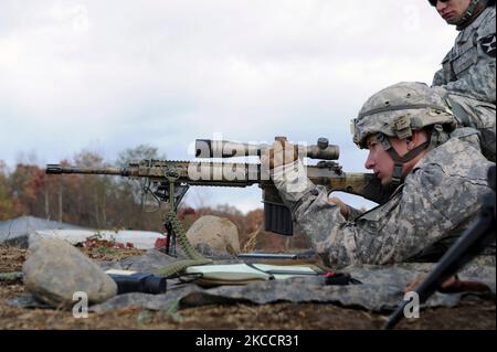 A U.S. Army soldier takes aim at a patrol simulating a combat situation ...