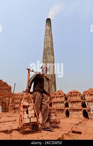 Labourers working at a brickfield on the outskirts of Dhaka, Bangladesh ...
