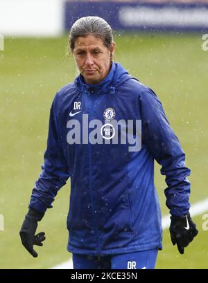 Chelsea assistant coach Denise Reddy oversees the warm up prior to kick ...