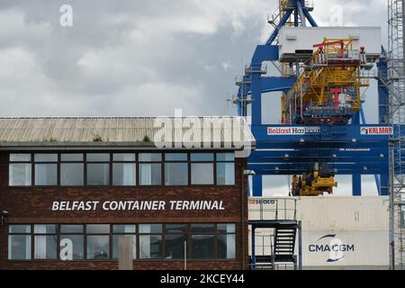 A general view of lorries waiting in the container terminal in Belfast ...