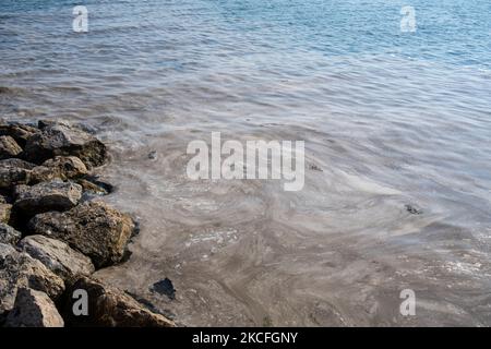 The surface of the Marmara Sea covered with sea snot (or mucilage) seen ...
