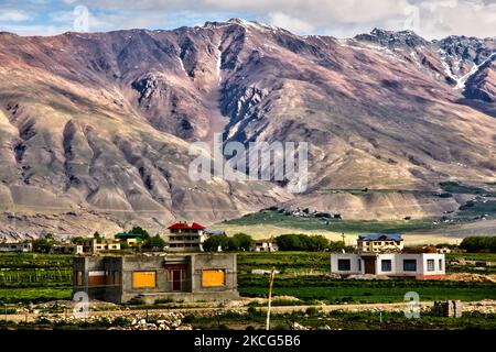 Houses in the village of Padum located high in the Himalayas in Zanskar ...