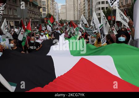 Saharawi people wearing masks display Saharawi flags during the ...