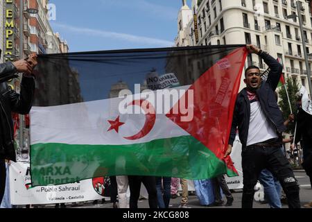 Saharawi people wearing masks display Saharawi flags during the ...