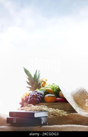 Church thanksgiving decoration and background with bible, candle and ...