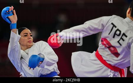 Sara Bahmanyar and Tzuyun Wen during karate at the Tokyo Olympics ...