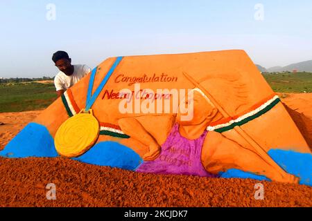 Sand Artist Ajay Rawat Create a sand sculpture to Congratulate ''Neeraj ...