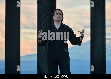 Mark Meer, a Canadian actor, writer and improvisor, performs on stage ...