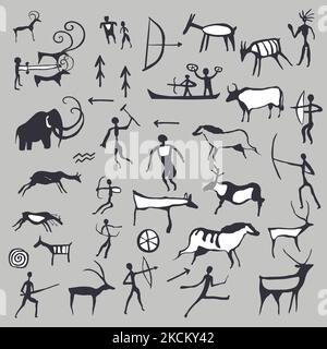 Prehistoric cave with animal drawings on wall. Vector cartoon ...