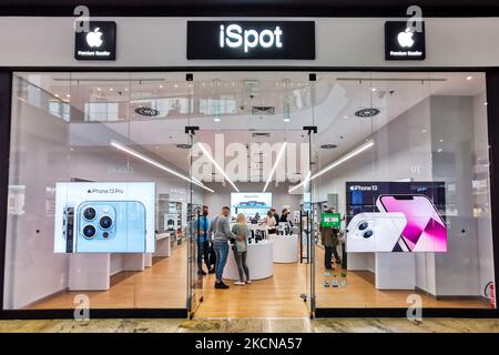 iPhone 13 ad is seen on iSpot store inside Bonarka shopping mall in ...