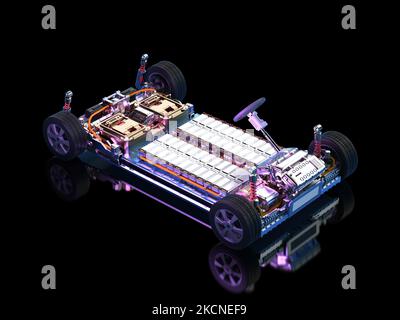 3d rendering electric car with pack of battery cells module on platform ...